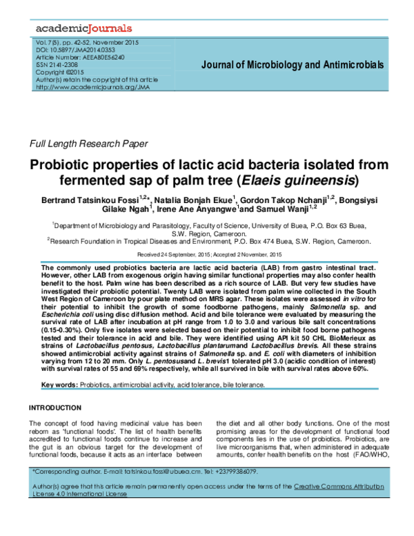 (PDF) Probiotic properties of lactic acid bacteria isolated from fermented sap of palm tree ...