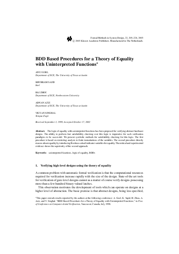 (PDF) BDD based procedures for a theory of equality with uninterpreted functions