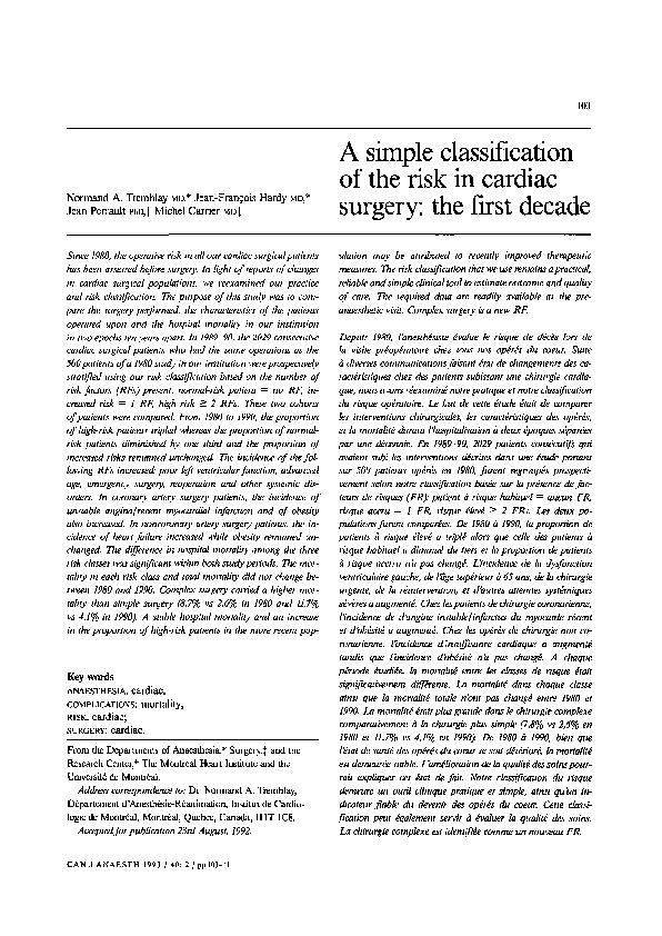 (PDF) A simple classification of the risk in cardiac surgery: the first ...