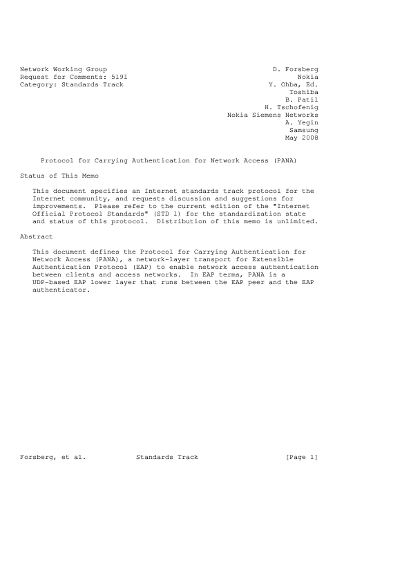 (PDF) Protocol for Carrying Authentication for Network Access (PANA) Requirements