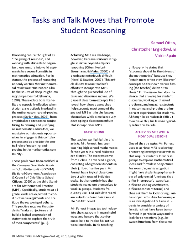 (PDF) Tasks and talk moves that promote student reasoning
