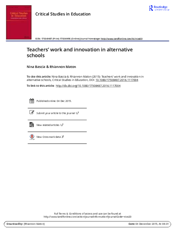 (PDF) Teachers’ Work and Innovation in Alternative Schools