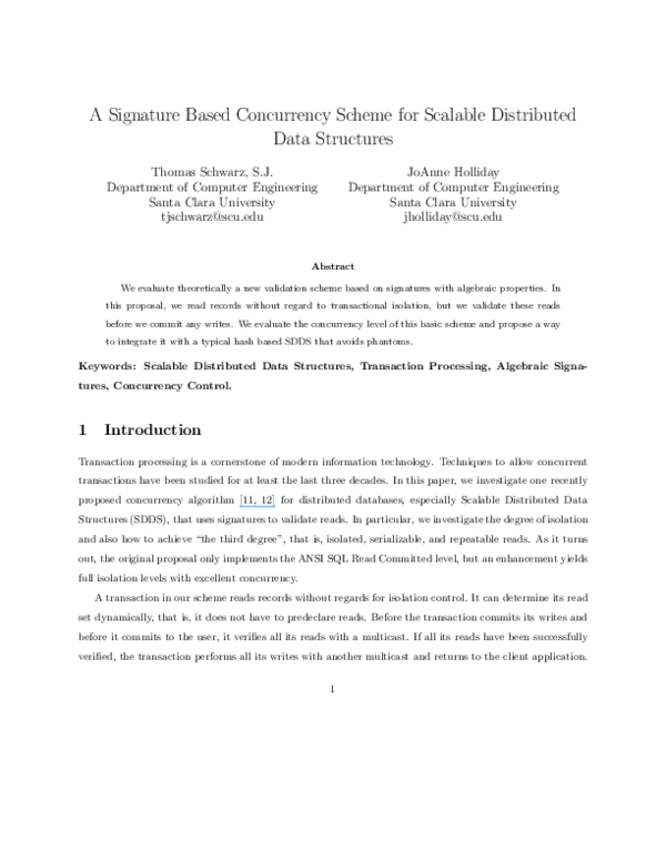 Pdf A Signature Based Concurrency Scheme For Scalable Distributed Data Structures