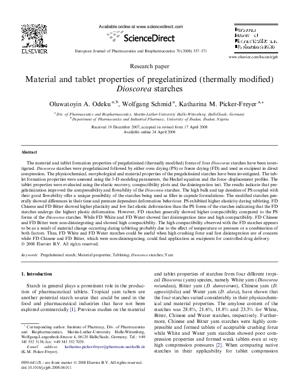 (PDF) Material and tablet properties of pregelatinized (thermally ...