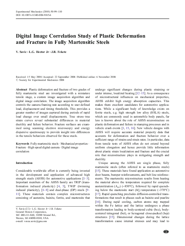 (PDF) Digital Image Correlation Study of Plastic Deformation and Fracture in Fully Martensitic ...
