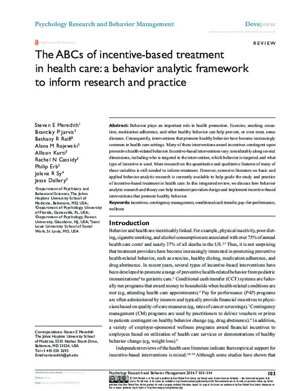 (PDF) The ABCs of incentive-based treatment in health care: a behavior ...
