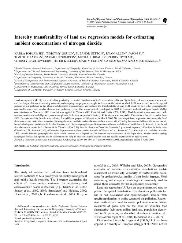 (PDF) Intercity transferability of land use regression models for estimating ambient ...