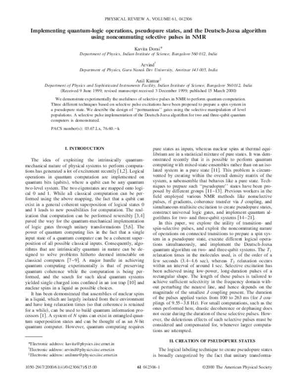 (PDF) Implementing quantum-logic operations, pseudopure states, and the ...