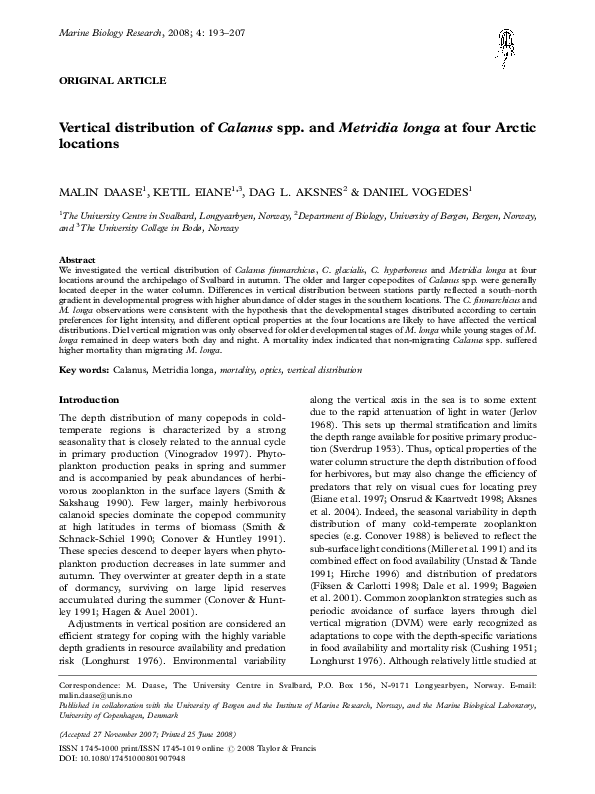 (PDF) Vertical distribution of Calanus spp. and Metridia longa at four ...