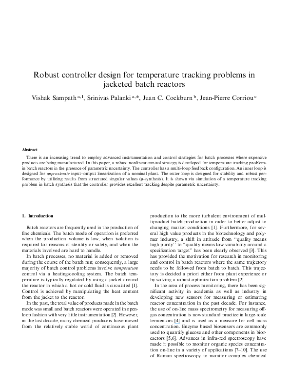 (PDF) Robust controller design for temperature tracking problems in jacketed batch reactors