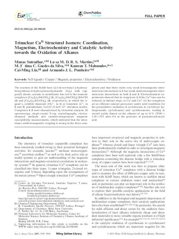 (PDF) Trinuclear Cu II Structural Isomers: Coordination, Magnetism, Electrochemistry and ...