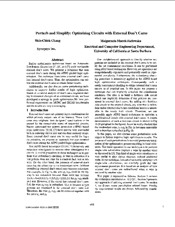 Pdf Perturb And Simplify Optimizing Combinational Circuits With External Dont Cares 
