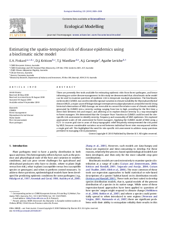 (PDF) Estimating the spatio-temporal risk of disease epidemics using a bioclimatic niche model