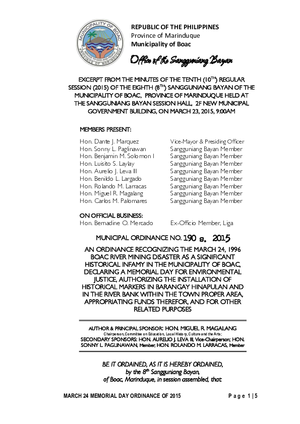(PDF) AN ORDINANCE RECOGNIZING THE MARCH 24, 1996 BOAC RIVER MINING ...