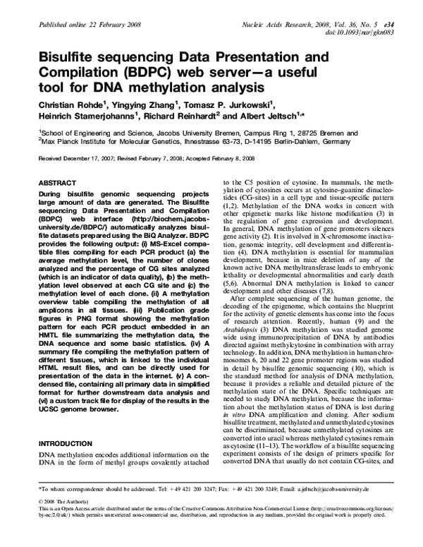 (PDF) Bisulfite sequencing Data Presentation and Compilation (BDPC) web server--a useful tool ...