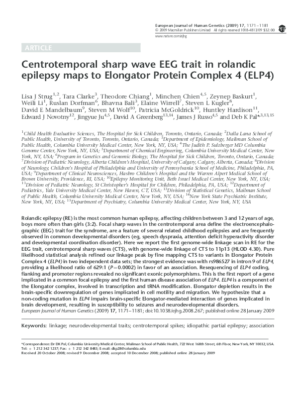 (PDF) Centrotemporal sharp wave EEG trait in rolandic epilepsy maps to ...