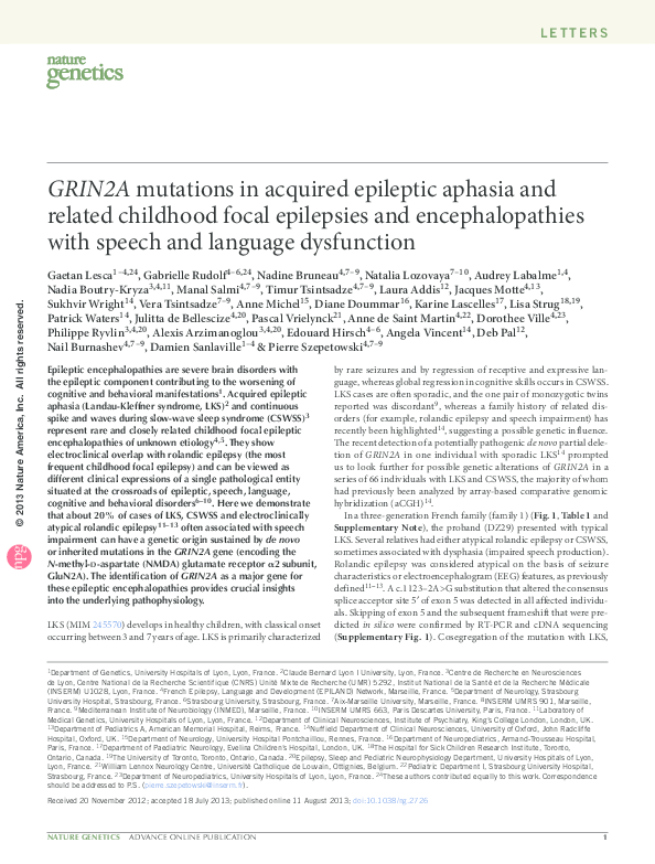 (PDF) GRIN2A mutations in acquired epileptic aphasia and related ...