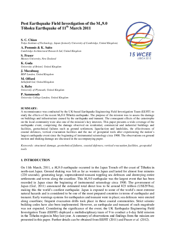 (PDF) Post Earthquake Field Investigation of the Mw9. 0 Tōhoku Earthquake of 11 th March 2011 ...