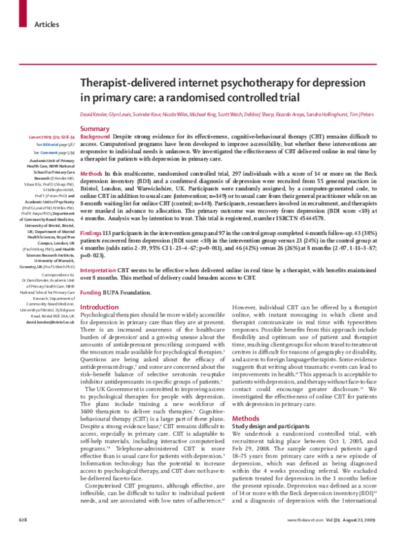 (PDF) Therapist-delivered internet psychotherapy for depression in primary care: a randomised ...