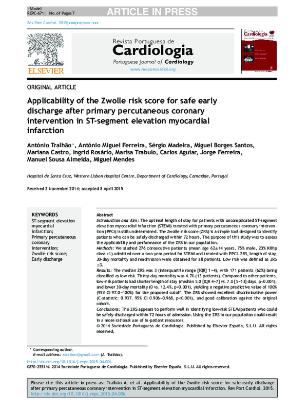 (PDF) Applicability of the Zwolle risk score for safe early discharge ...