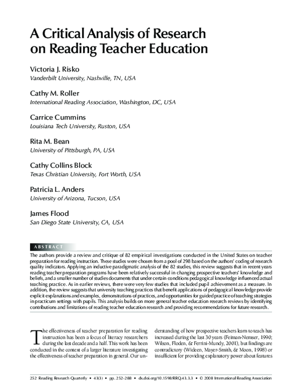 (PDF) A Critical Analysis of Research on Reading Teacher Education