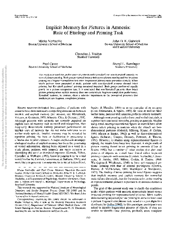 (PDF) Implicit memory for pictures in amnesia: Role of etiology and priming task