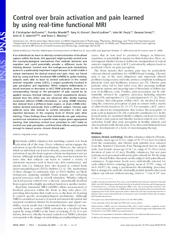 (PDF) Control over brain activation and pain learned by using real-time ...