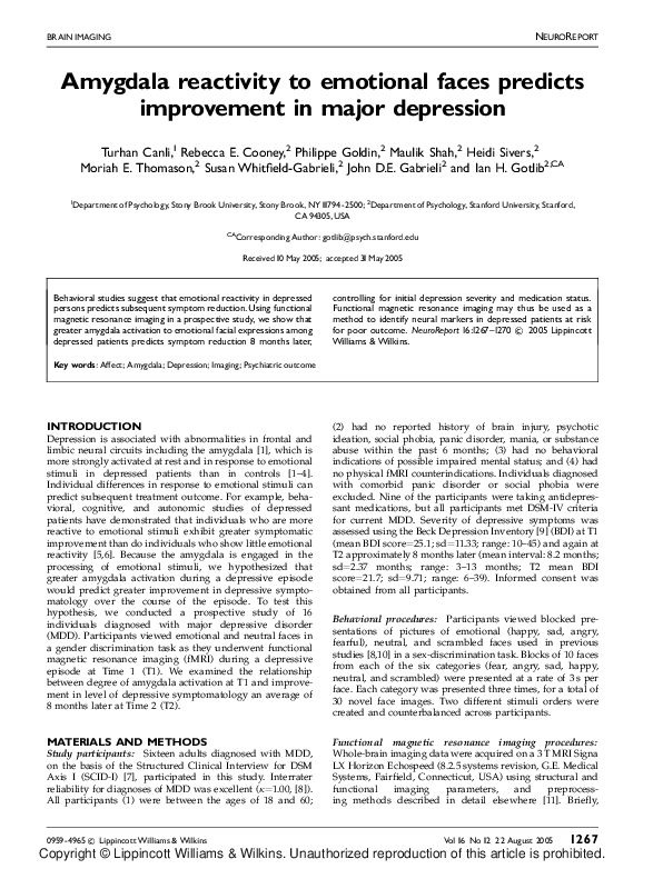 (PDF) Amygdala reactivity to emotional faces predicts improvement in ...