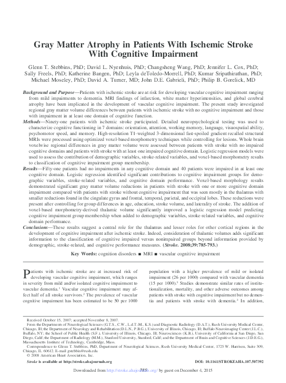 (PDF) Gray Matter Atrophy in Patients With Ischemic Stroke With Cognitive Impairment | John ...