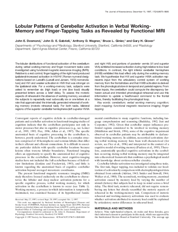 (PDF) Lobular patterns of cerebellar activation in verbal working-memory and finger-tapping ...