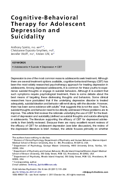 (PDF) Cognitive-Behavioral Therapy for Adolescent Depression and Suicidality