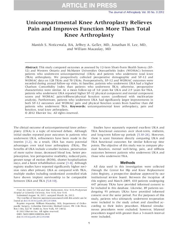 (PDF) UKA Offers Better Pain Relief and Function Than TKA