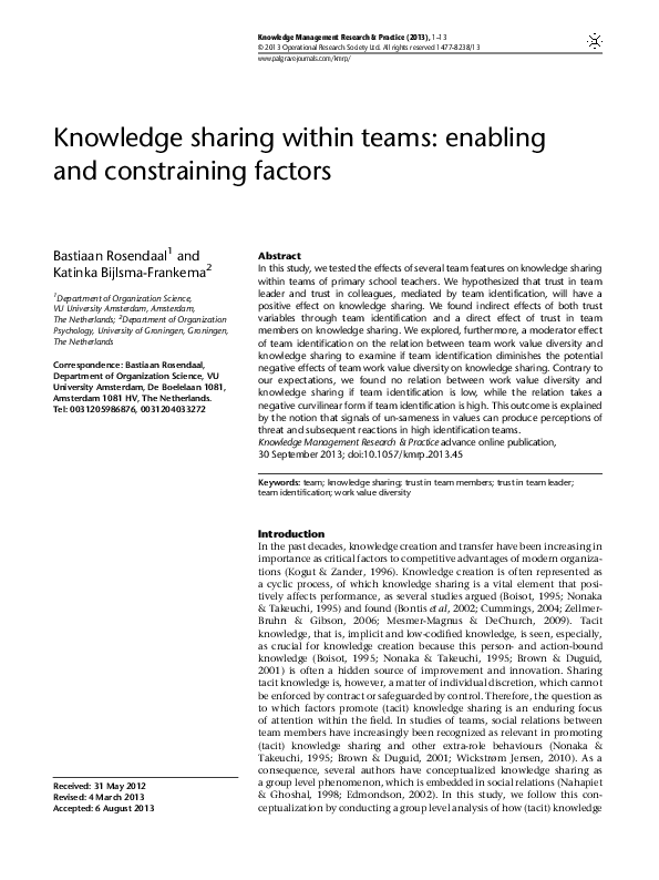 (PDF) Knowledge sharing within teams: enabling and constraining factors