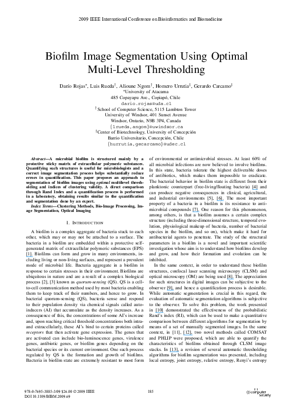 Pdf Biofilm Image Segmentation Using Optimal Multi Level Thresholding