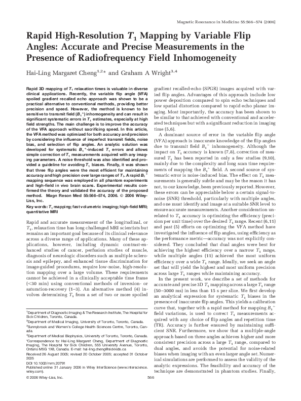 Pdf Rapid High Resolutiont1 Mapping By Variable Flip Angles Accurate And Precise Measurements