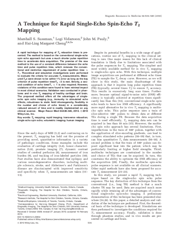 Pdf A Technique For Rapid Single Echo Spin Echo T2 Mapping