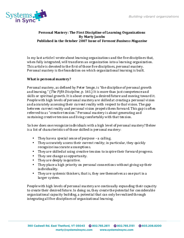 (PDF) Personal Mastery: The First Discipline of Learning Organizations