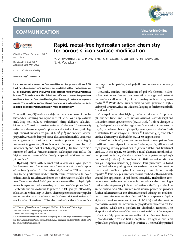(PDF) Rapid, metal-free hydrosilanisation chemistry for porous silicon ...