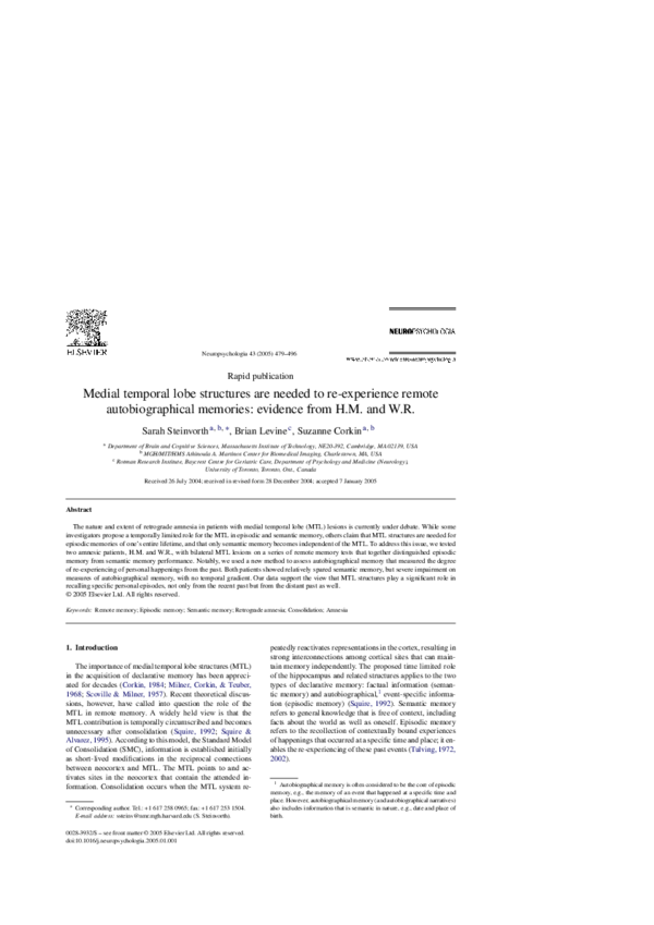 (PDF) Medial temporal lobe structures are needed to re-experience remote autobiographical ...