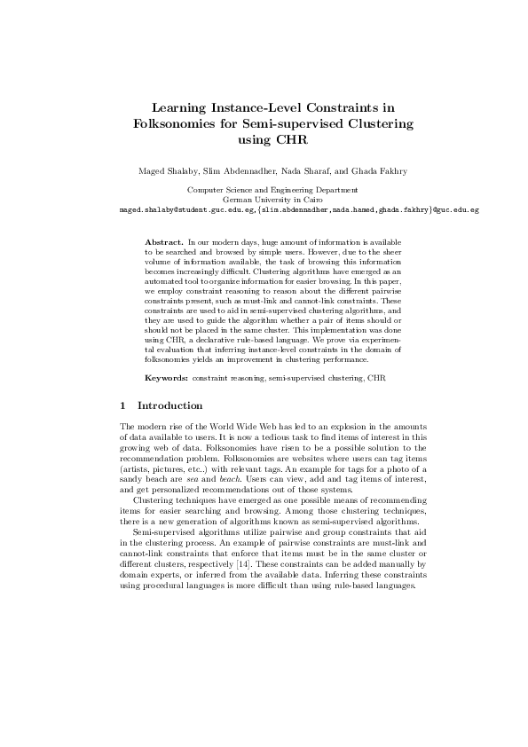 (PDF) Learning Instance Level Constraints in Folksonomies for Semi supervised Clustering using CHR