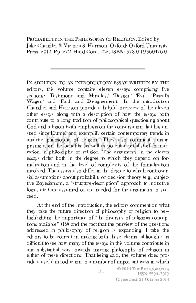 (PDF) Review of Probability in the Philosophy of Religion (eds. Jake ...