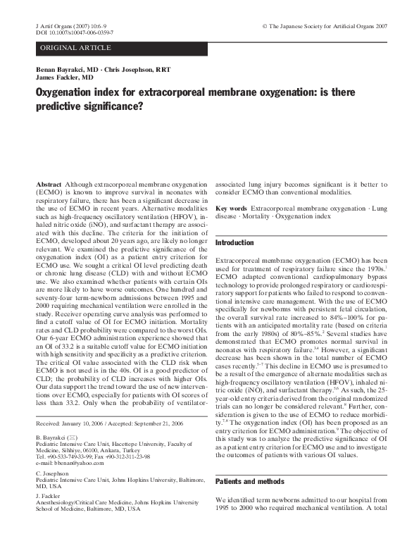 (PDF) Oxygenation index for extracorporeal membrane oxygenation: is ...