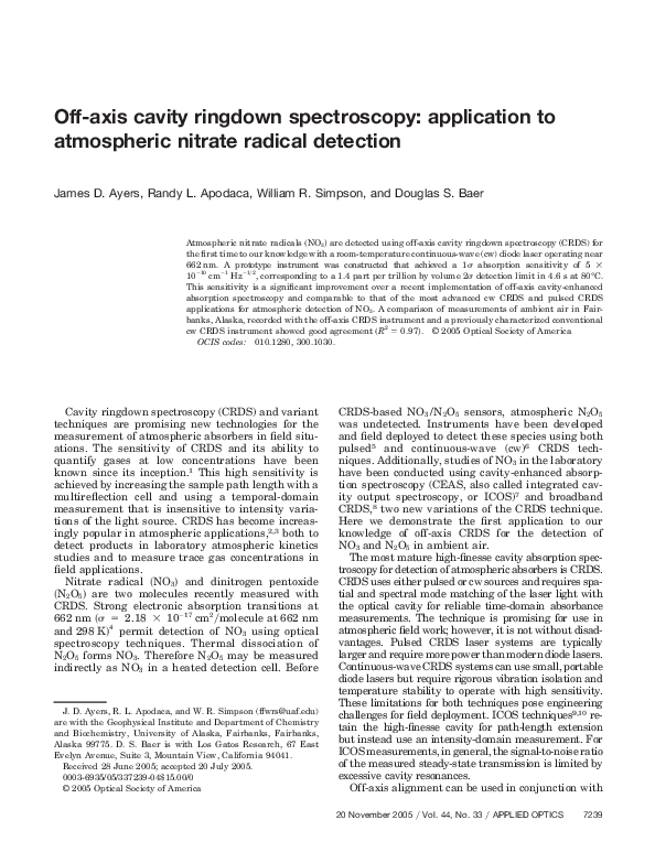 (PDF) Off-axis cavity ringdown spectroscopy: application to atmospheric nitrate radical detection