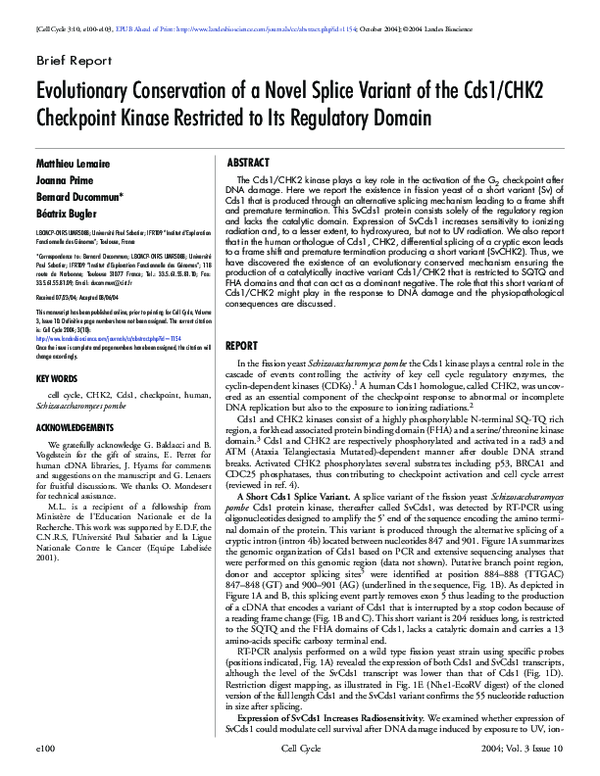 (PDF) Evolutionary Conservation of a Novel Splice Variant of the Cds1/CHK2 Checkpoint Kinase ...