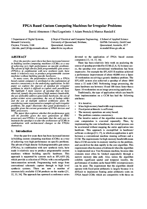 Pdf Fpga Based Custom Computing Machines For Irregular Problems