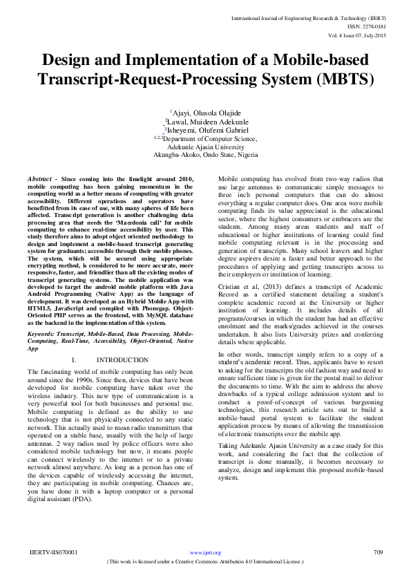 Pdf Design And Implementation Of A Mobile Based Transcript Request Processing System Mbts