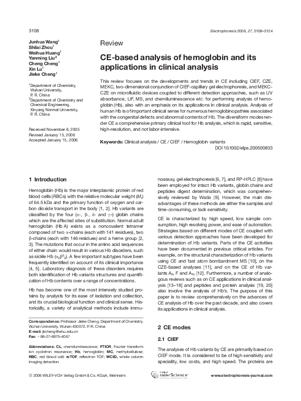 (PDF) CE-based analysis of hemoglobin and its applications in clinical ...