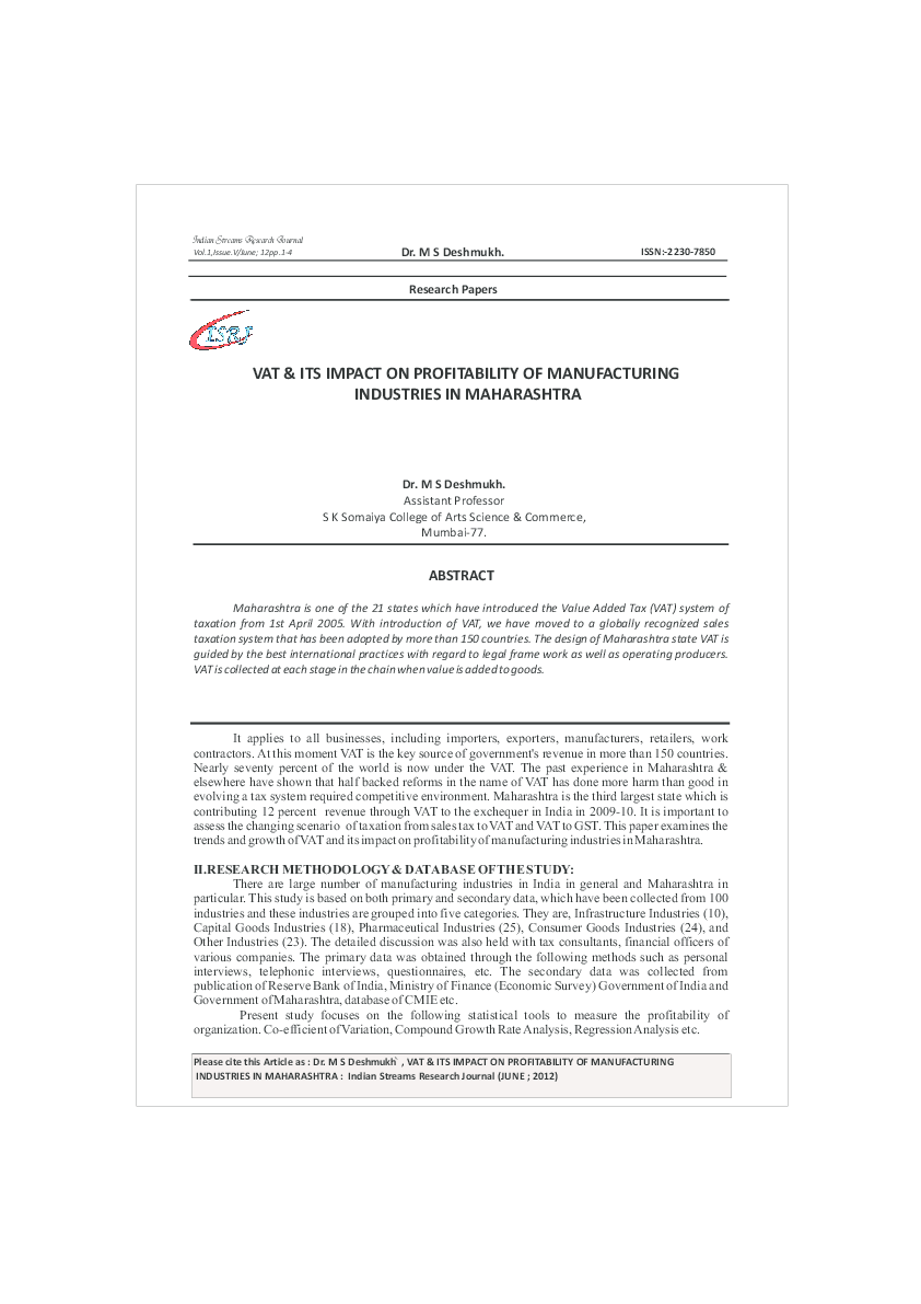 (PDF) VAT & ITS IMPACT ON PROFITABILITY OF MANUFACTURING