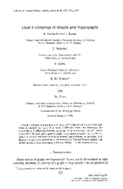 (PDF) Local k-colorings of graphs and hypergraphs | Jenő Lehel and Vojtěch Rödl - Academia.edu