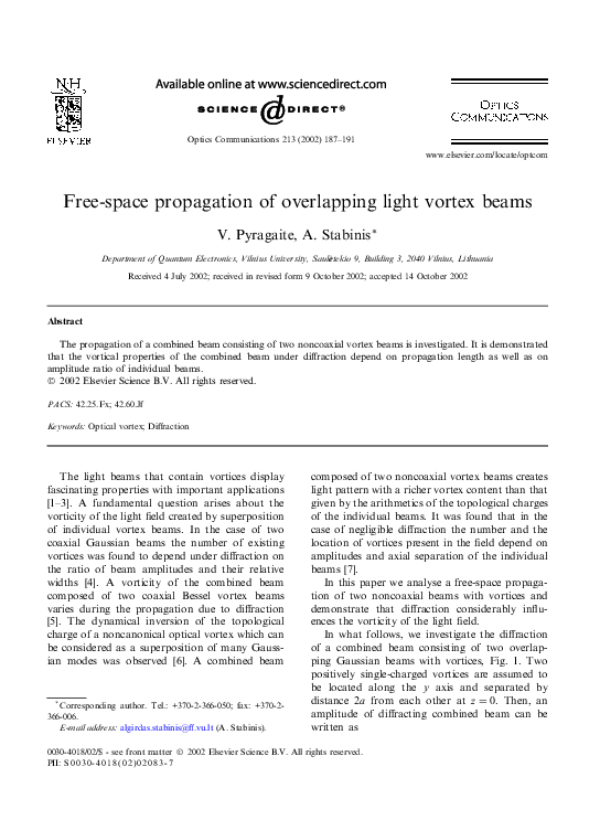 (PDF) Free-space propagation of overlapping light vortex beams